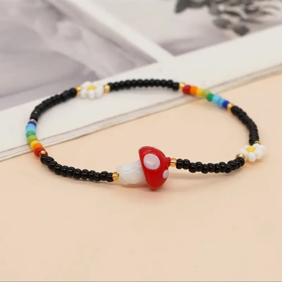Jewelry | Nwt Mushroom Daisy Black Seed Bead Rainbow Beaded Bracelet ...
